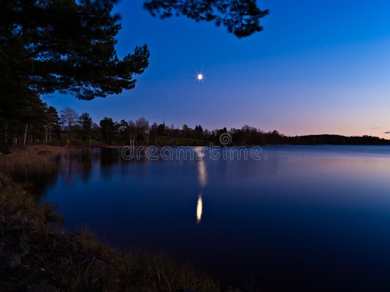 Moonlight Over a Lake in Sweden Stock Image - Image of beautiful ...