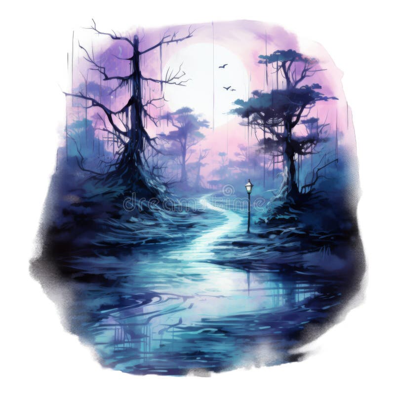 Moonlight Path through a Dark and Dreamy Forest with a Single Lamppost ...