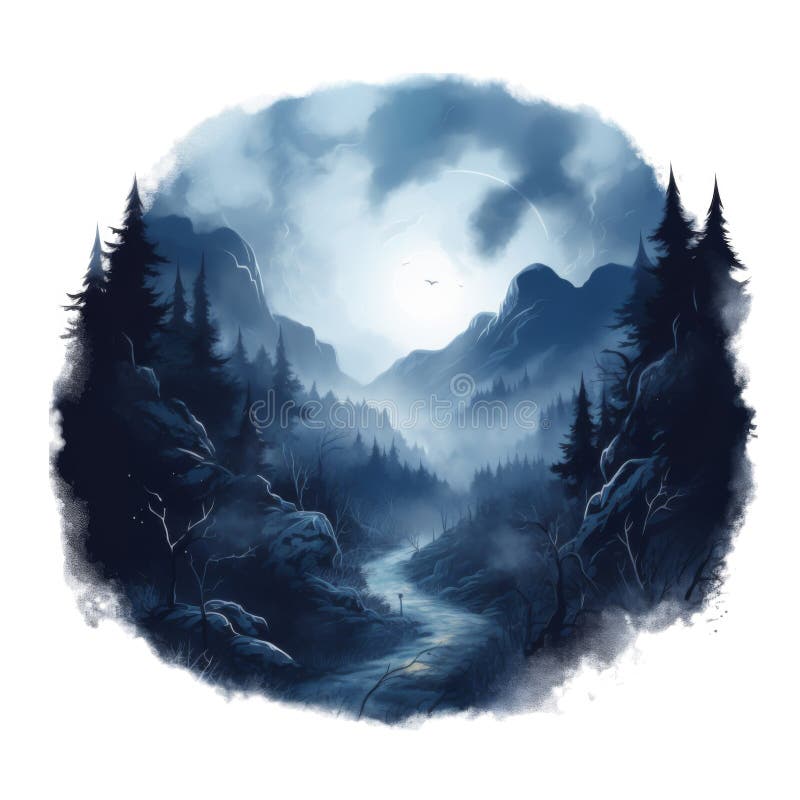 A Moonlight Path through a Foggy, Mountainous Forest Stock Image ...