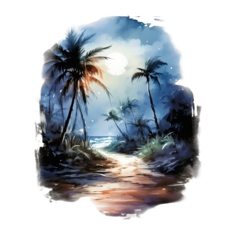 Moonlight Path through Palm Trees on a Tropical Beach Stock Image ...