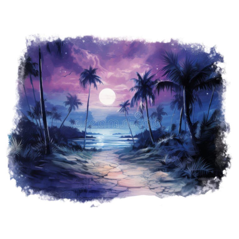 A Moonlight Path through Palm Trees on a Tropical Beach Stock Photo ...