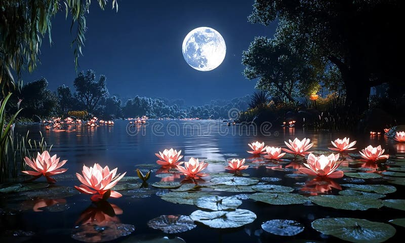 Moonlight Pond with Luminous Water Lilies Stock Video - Video of still ...