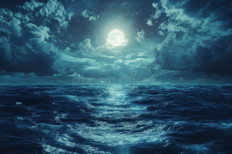 Moonlight Reflecting on the Ocean with Dramatic Clouds at Night Stock ...