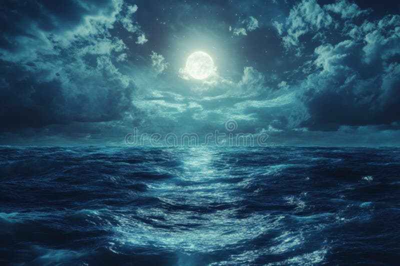 Moonlight Reflecting on the Ocean with Dramatic Clouds at Night Stock ...
