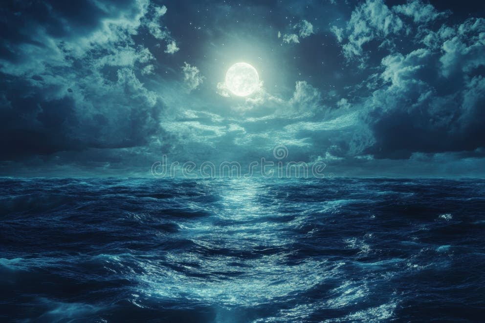 Moonlight Reflecting on the Ocean with Dramatic Clouds at Night Stock ...