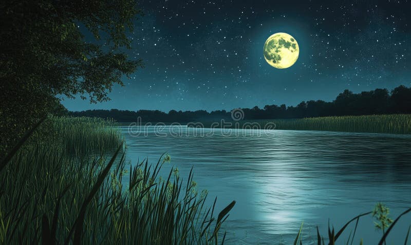 Moonlight Reflecting Off a Calm River, Tall Grass Lining the Banks ...