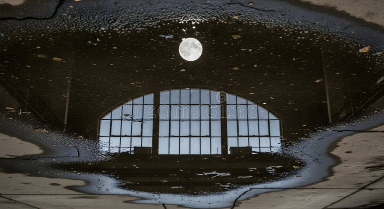 Moonlight Reflection in a Puddle of a Large Arched Window Building at ...