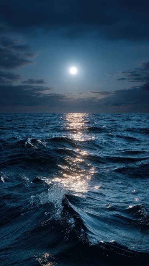 Moonlight Reflects on Ocean Waves Under Cloudy Night Sky Creates ...
