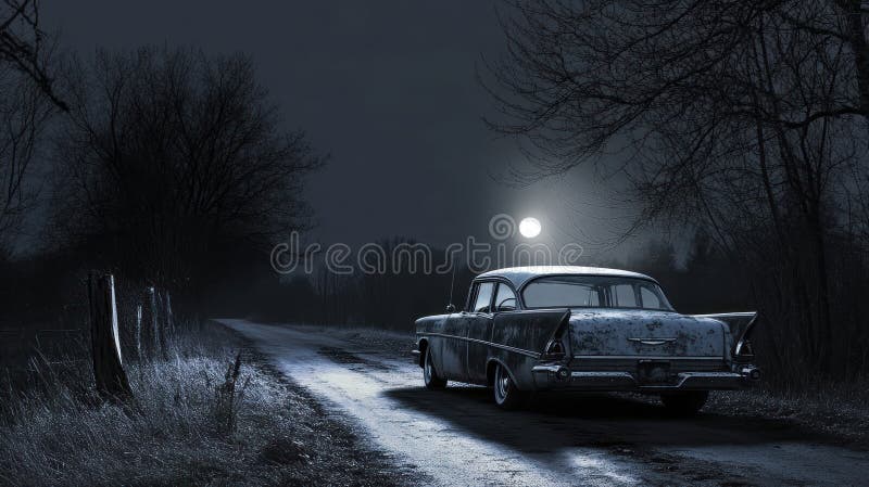 Moonlight Road Classical Car Stock Image - Image of countryside, nature ...