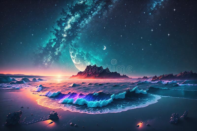 Moonlight,sea, Meteor,stars by AI Generated Stock Illustration ...