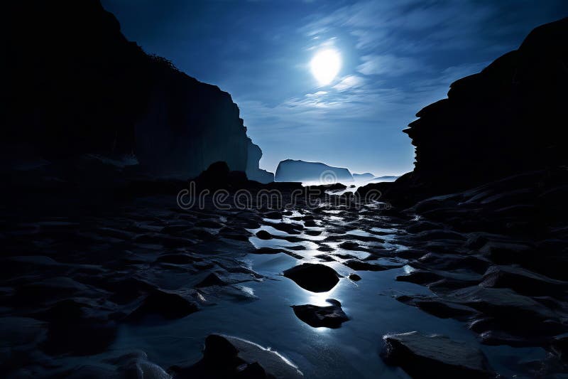 Moonlight Shadow Rocks Casting Long Shadows Under the Cool Moonl Stock ...
