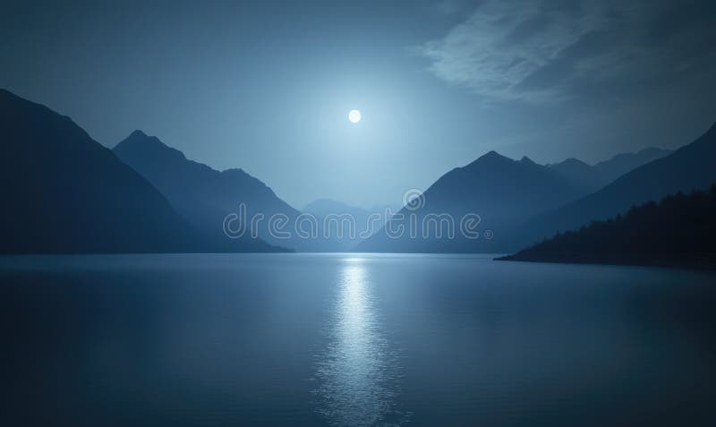 Moonlight Shimmering on a Calm Lake, Soft Waves Lapping Against the ...