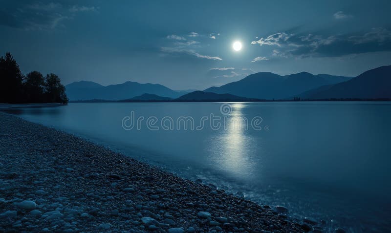 Moonlight Shimmering on a Calm Lake, Soft Waves Lapping Against the ...