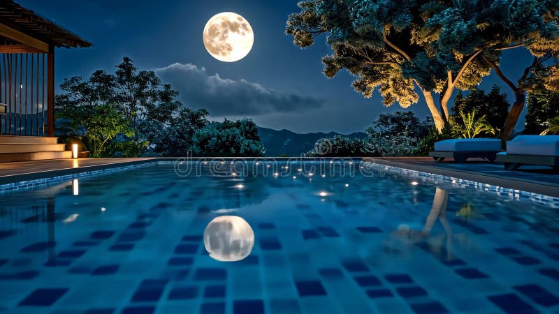 Full Moon Reflecting in Luxury Hotel Pool at Night Stock Video - Video ...