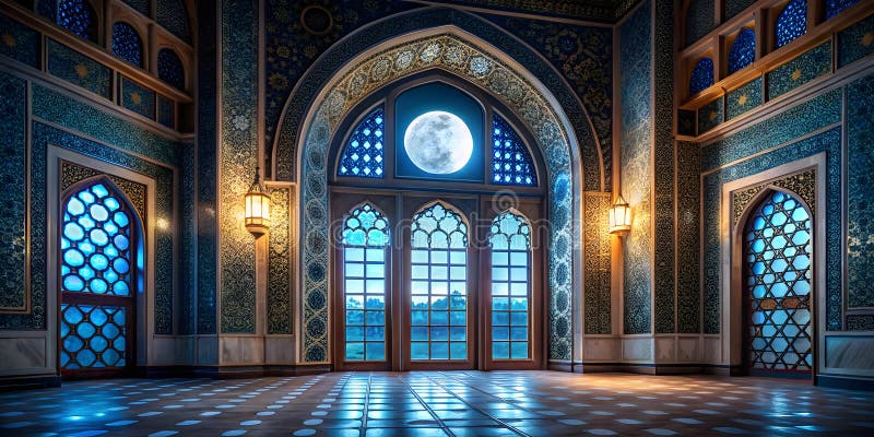 Moonlight Shine through the Window into Islamic Mosque Interior Stock ...