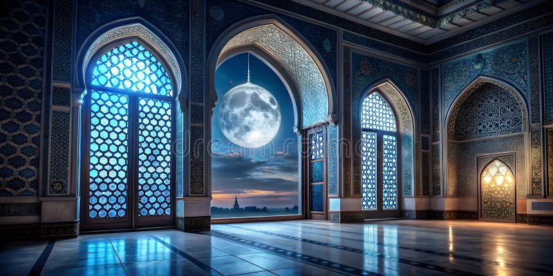 Moonlight Shine through the Window into Islamic Mosque Interior Stock ...