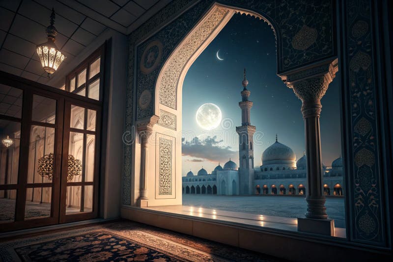 Moonlight Shine through the Window into Islamic Mosque Interior Stock ...