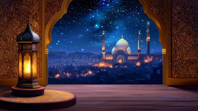 Moonlight Shines through the Windows of an Islamic Mosque, Illuminating ...