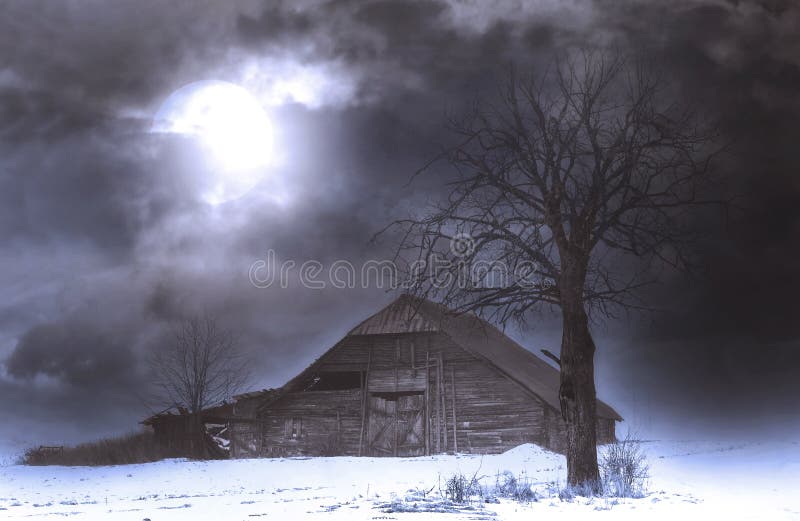 Moonlight and a Spooky Old Barn by the Tree Stock Image - Image of ...