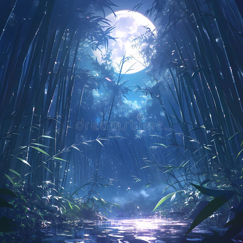 Moonlit Bamboo Forest Nightscape Stock Illustration - Illustration of ...