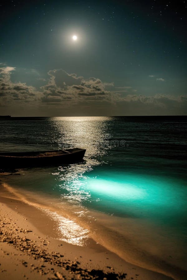 Moonlit Beach with Boat and Bioluminescent Waves at Night Stock Photo ...