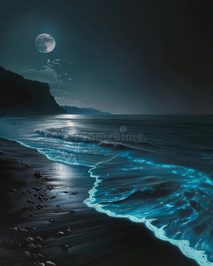 Moonlit Beach with Glowing Bioluminescent Waves Stock Illustration ...