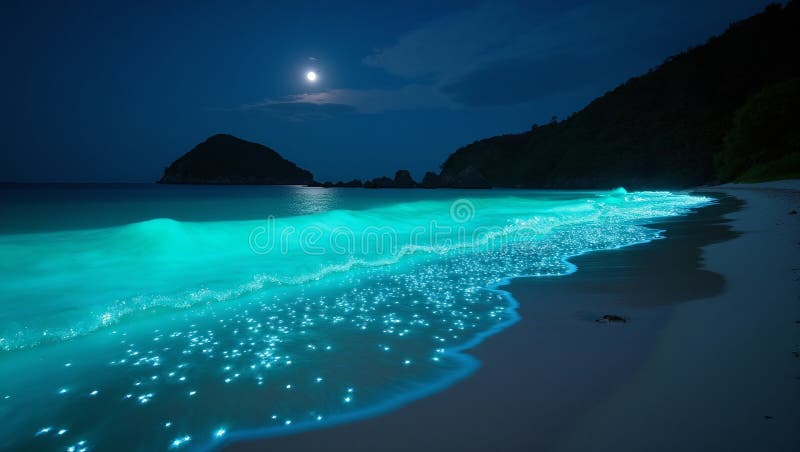 Moonlit Beach with Glowing Turquoise Waves and Bioluminescent Creatures ...