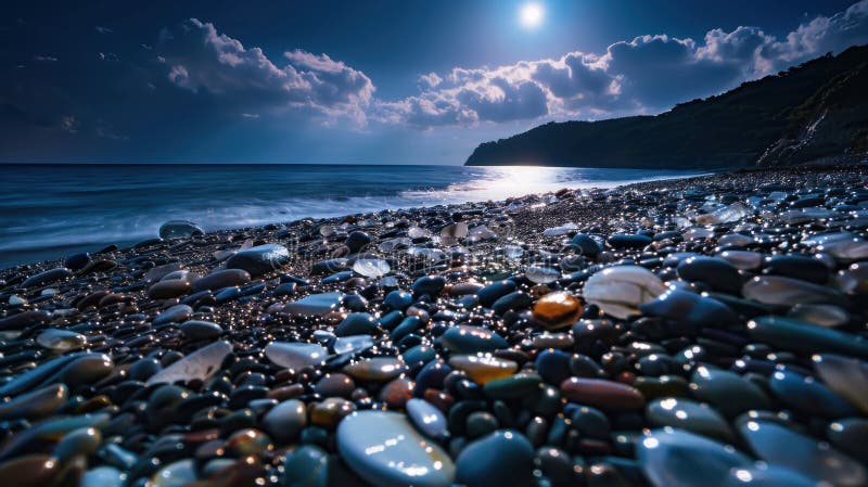Moonlit Beach: a Magical Night of Colorful Pebbles Stock Illustration ...