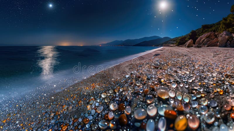 Moonlit Beach: a Magical Night of Colorful Pebbles Stock Illustration ...