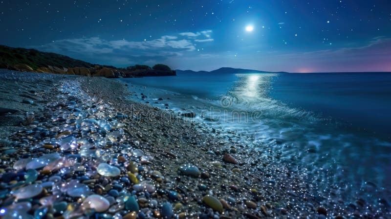 Moonlit Beach: a Magical Night of Colorful Pebbles Stock Illustration ...