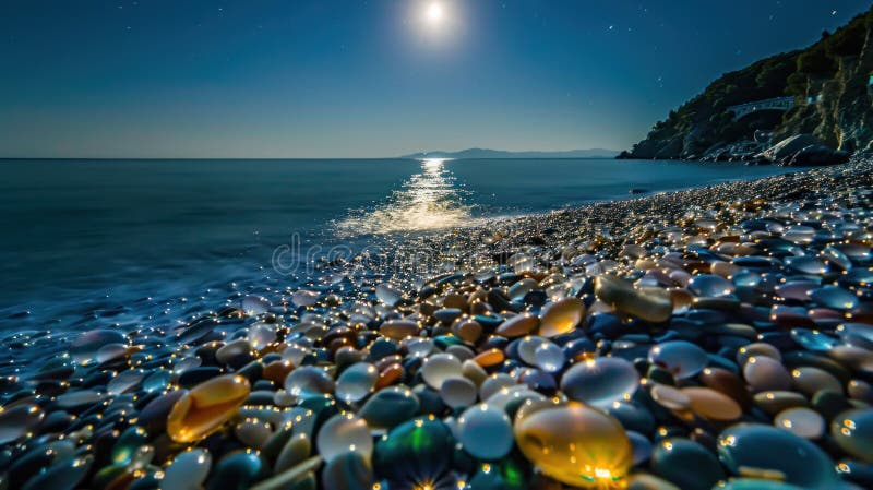 Moonlit Beach: a Magical Night of Colorful Pebbles Stock Illustration ...