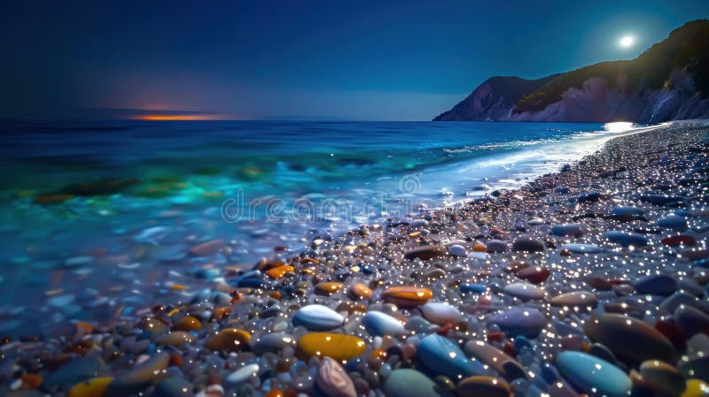 Moonlit Beach: a Magical Night of Colorful Pebbles Stock Illustration ...