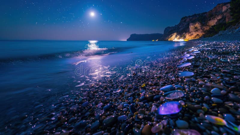 Moonlit Beach: a Magical Night of Colorful Pebbles Stock Illustration ...
