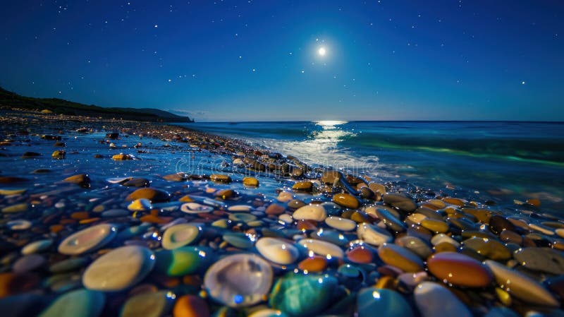 Moonlit Beach: a Magical Night of Colorful Pebbles Stock Illustration ...