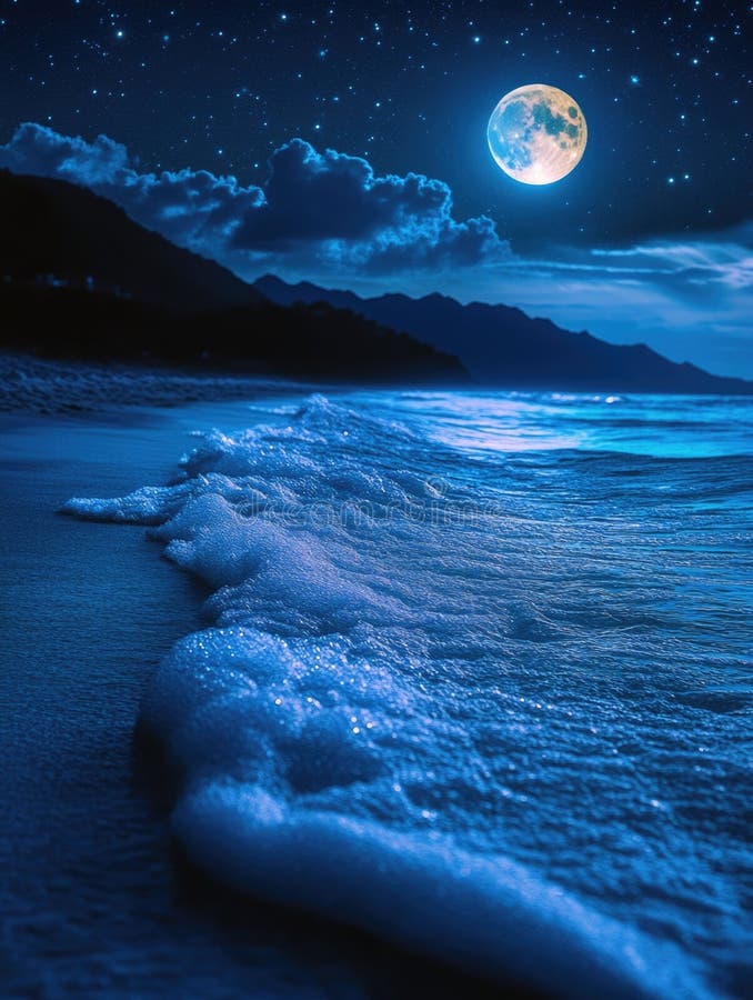 Moonlit Beach Scene stock image. Image of clouds, glowing - 362091233
