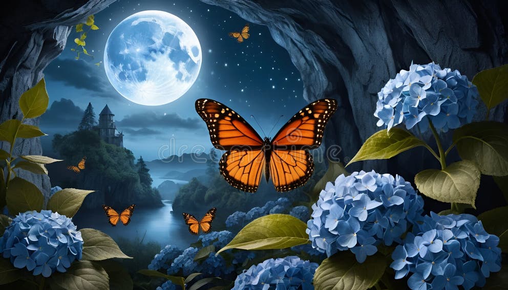 Moonlit Bloom: Hyper-Realistic Blue Hydrangea Under Magical Moonlight ...