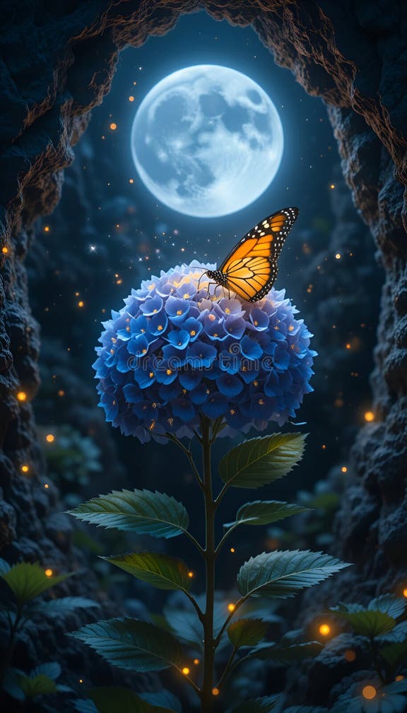 Moonlit Bloom: Hyper-Realistic Blue Hydrangea Under Magical Moonlight ...