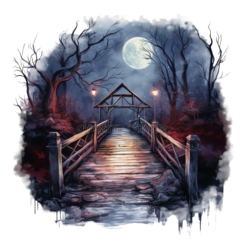 A Moonlit Bridge in a Dark Forest Stock Image - Illustration of haunted ...