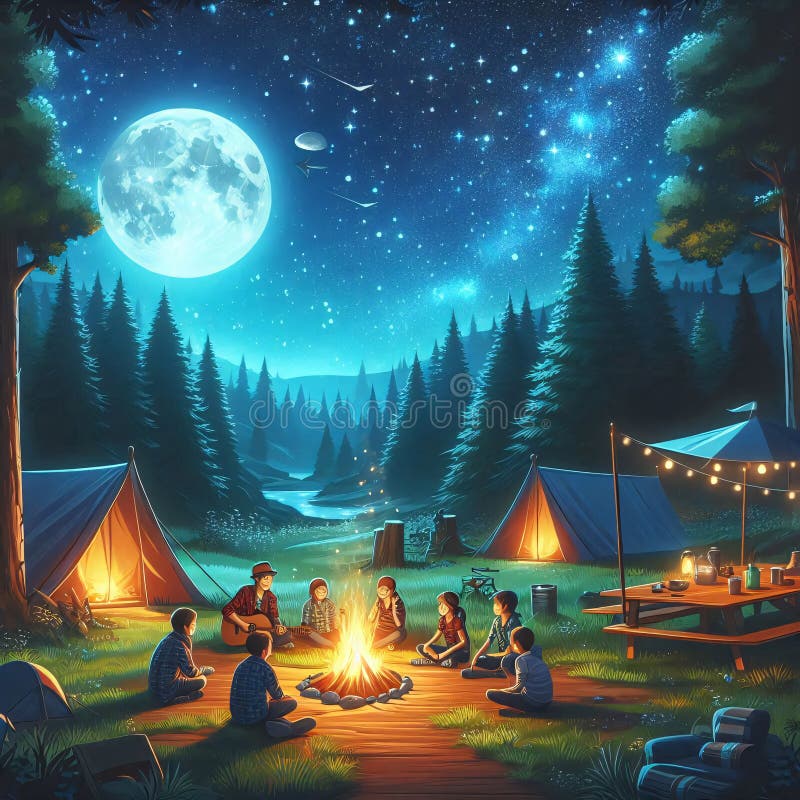 Moonlit Camping Scene with a Group Around a Fire Under a Starry Sky ...