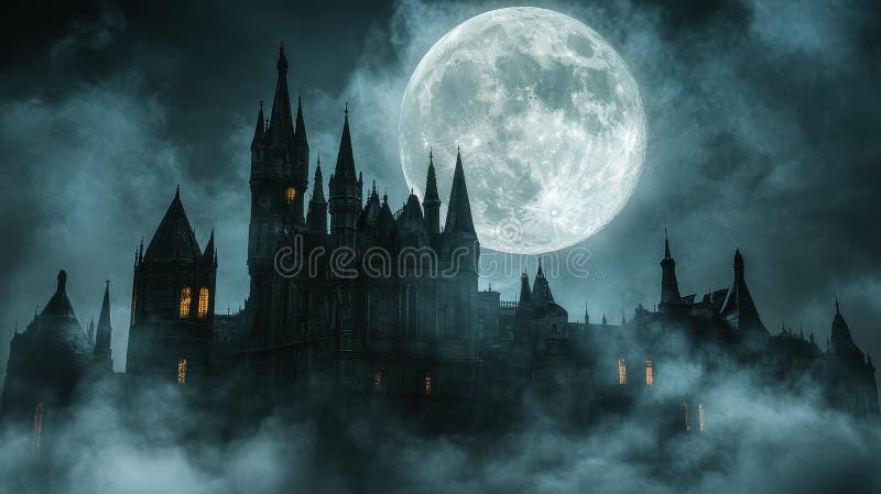 Moonlit Castle: a Gothic Silhouette Under a Giant Moon Amidst the Mist ...