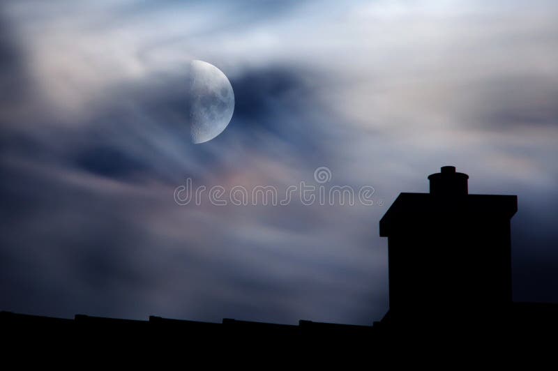 Moonlit Clouds Above Rooftop Stock Photo - Image of cloudy, moonlight ...