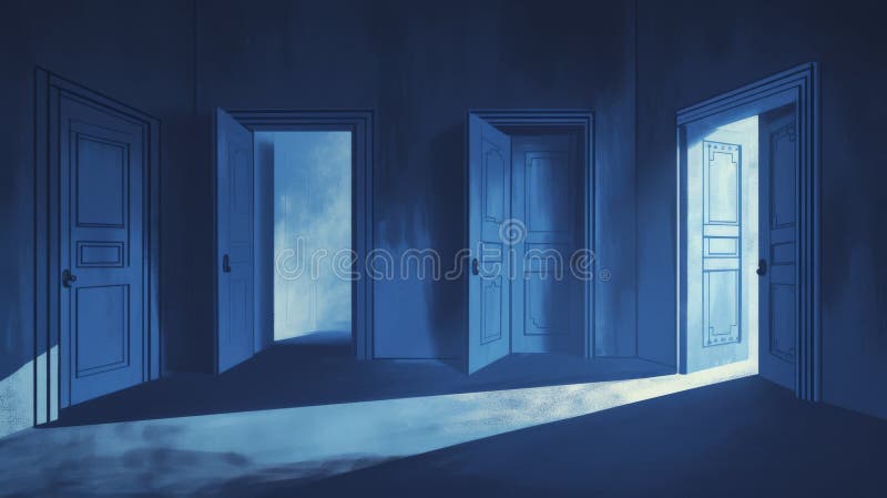 Moonlit Corridor with Open Doors Stock Illustration - Illustration of ...