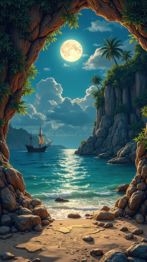 Moonlit Cove View with Sailing Ship and Palm Trees Stock Image - Image ...