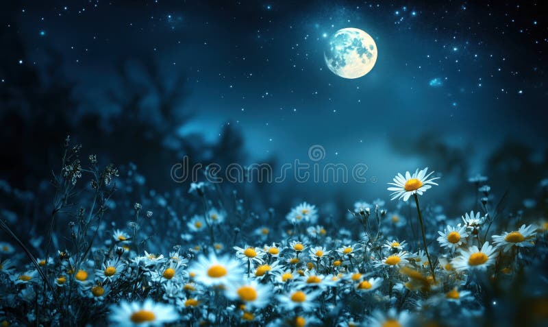 Moonlit Daisy Field Under Starry Night Sky with Glowing Full Moon Stock ...