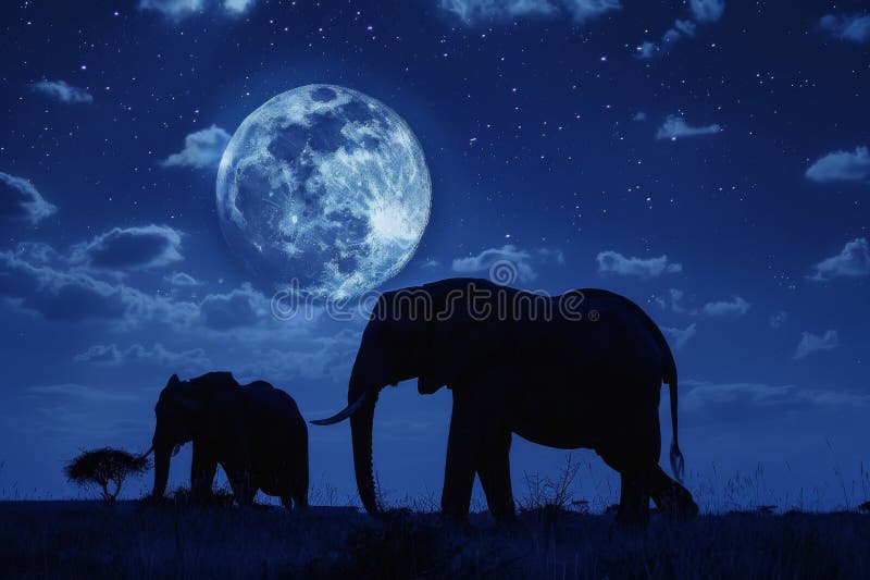 Moonlit Elephants Grazing Under Starry Sky. Generative AI Stock ... Moonlit Elephants Grazing Under Starry Sky. Generative AI Stock ...