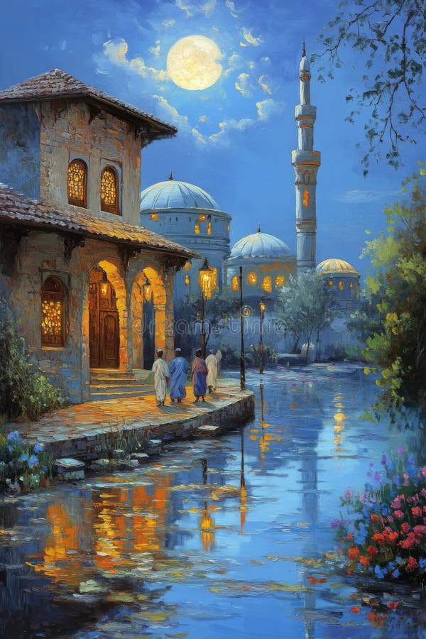 Moonlit Evening Stroll by Water in Historic Middle Eastern Setting ...