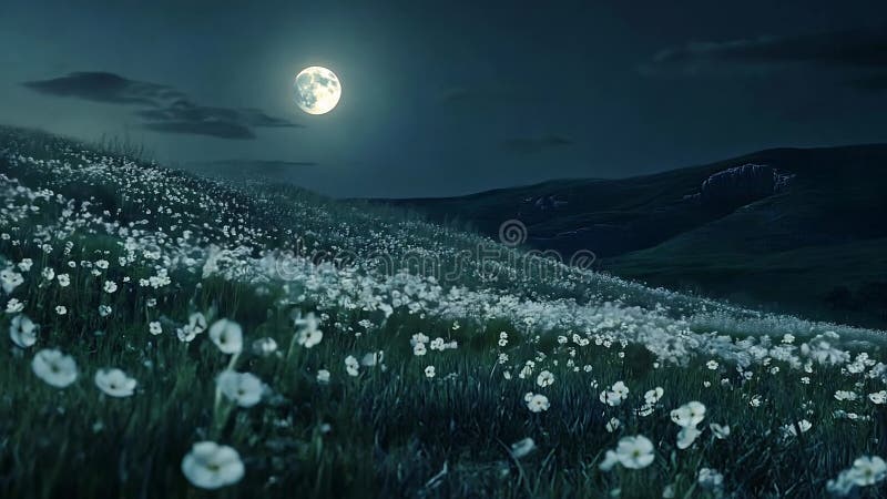 Moonlit Field of Flowers Under a Starry Night Sky Stock Video - Video ...