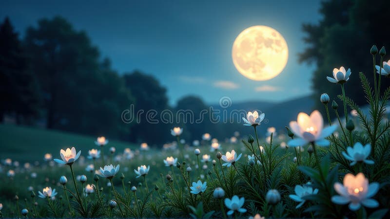 Moonlit Field of Glowing Flowers Stock Illustration - Illustration of ...