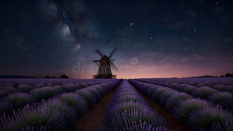 A Moonlit Field of Lavender Under a Starry Night Sky Stock Illustration ...