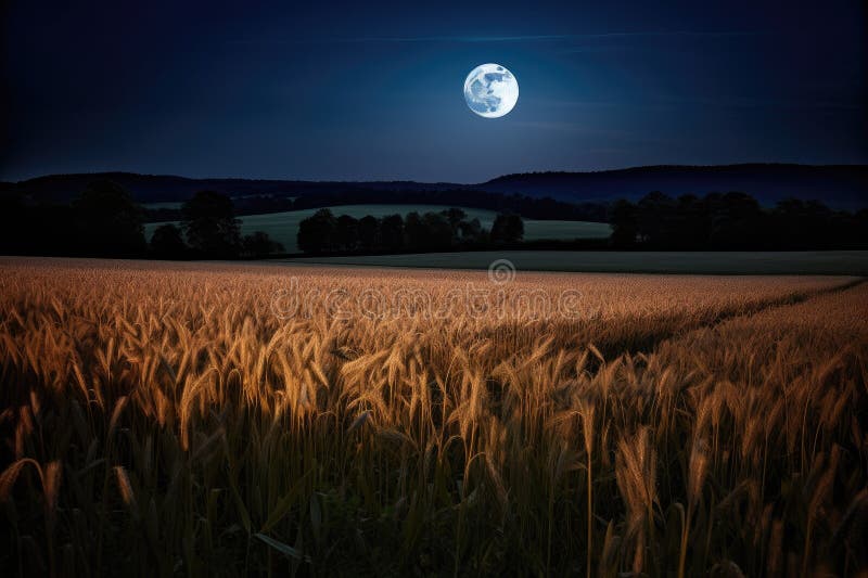 Moonlit Field of Wheat Ready for Harvest Stock Illustration ...